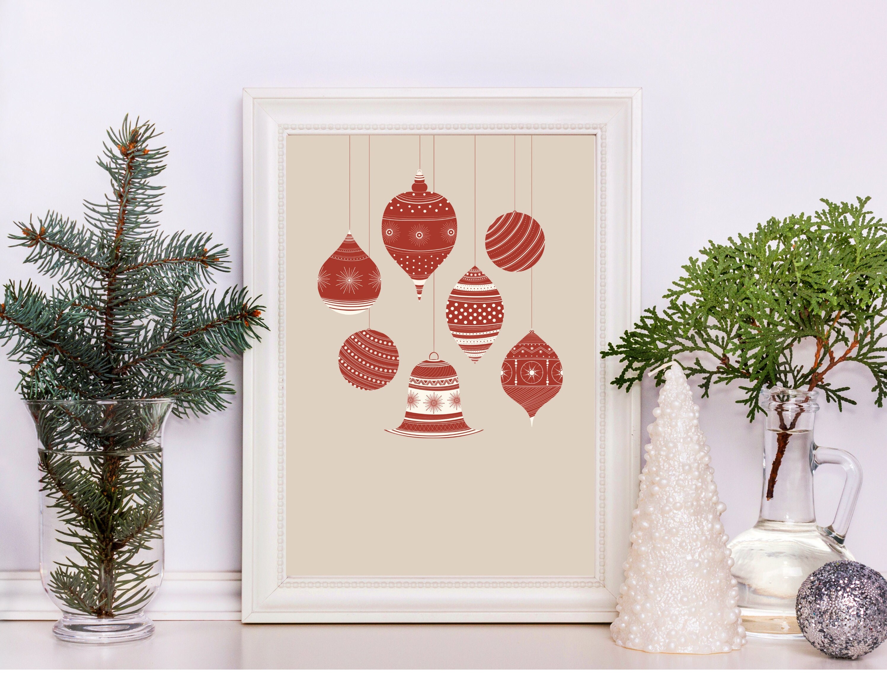 Printable Red Christmas Ornaments Illustration, Bonus Christmas Card ...