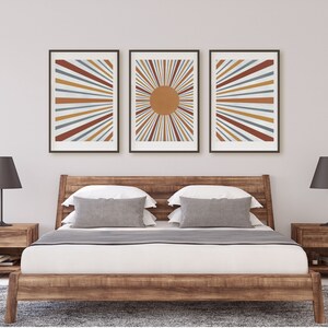 Printable Wall Art Set of Three, Bohemian Shining Sun With Bright Rays ...