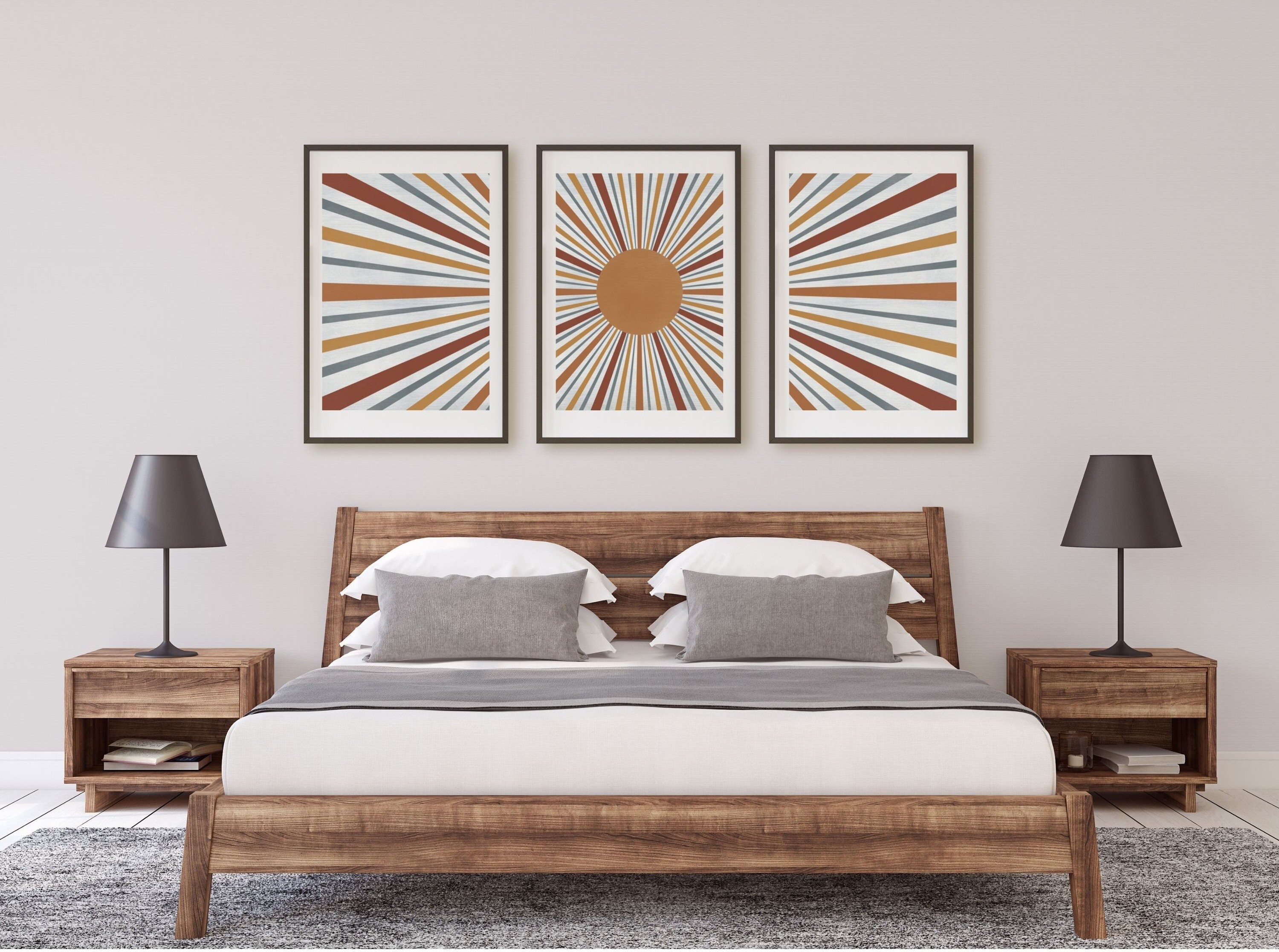 Printable Wall Art Set of Three, Bohemian Shining Sun With Bright Rays ...