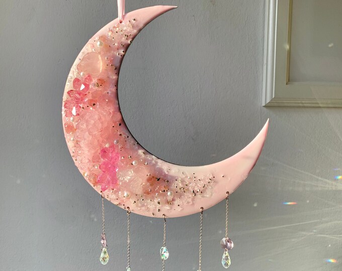 Resin Moon Pink With Rose Quartz Sun Catcher / Wall Decoration ...