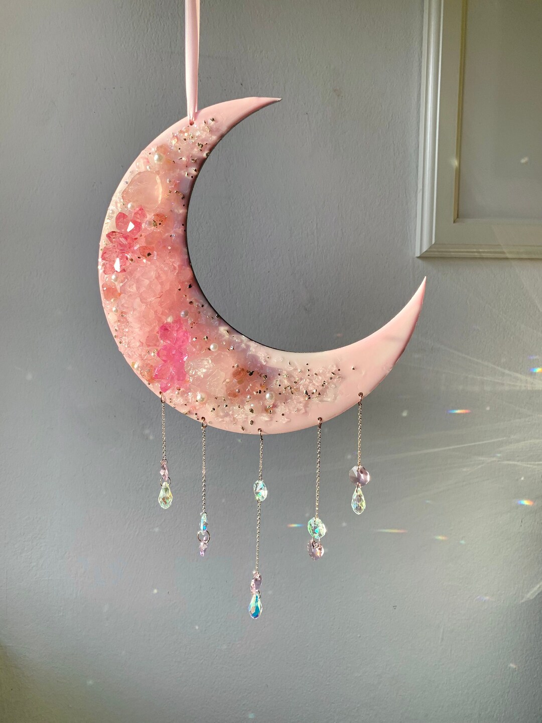 Resin Moon Pink With Rose Quartz Sun Catcher / Wall Decoration ...