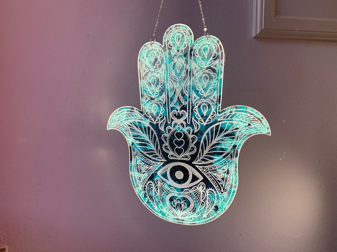 Resin Hamsa Hand With Wall Mount Fatima's Hand Mint Petrol White ...