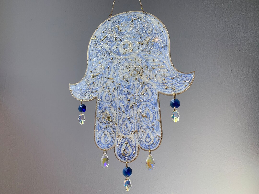 Resin Hamsa With Wall Mount Fatima's Hand Blue White Gold Glitter Glass ...