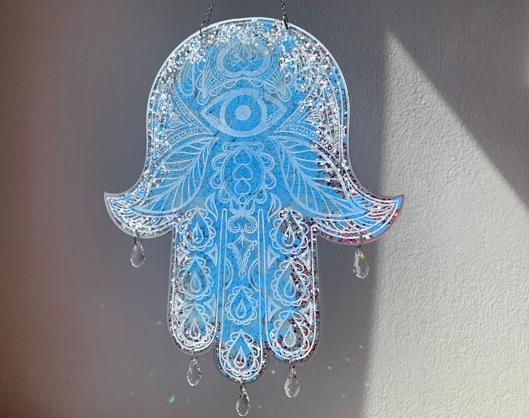 Resin Hamsa With Wall Mount Fatima's Hand Blue Silver With Glass ...