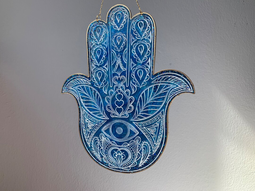Resin Hamsa Hand With Wall Mount Fatima's Hand Blue Turquoise Glitter ...
