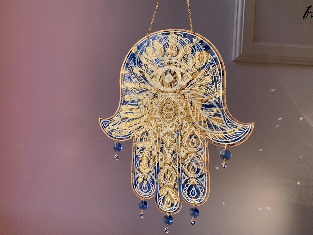 Resin Hamsa With Wall Mount Fatima's Hand Blue Gold With Glass Crystals ...