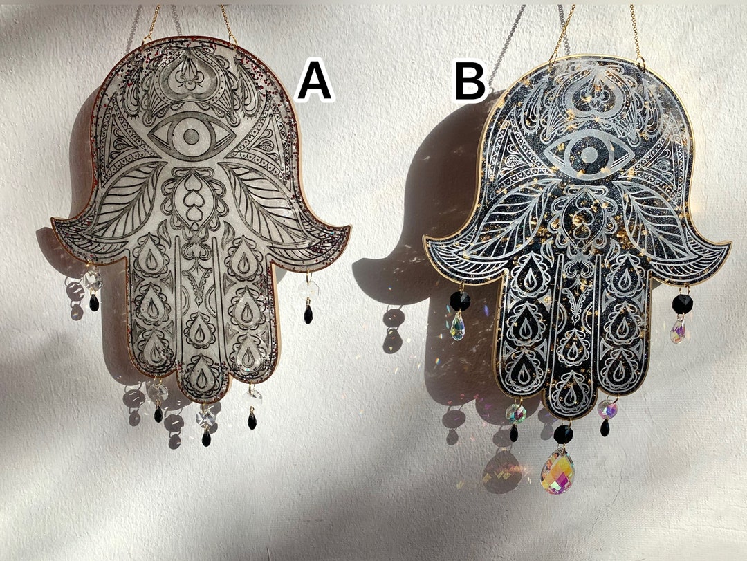 Resin Hamsa With Wall Mount Hand of Fatima Anthracite, Gold Leaf, White ...