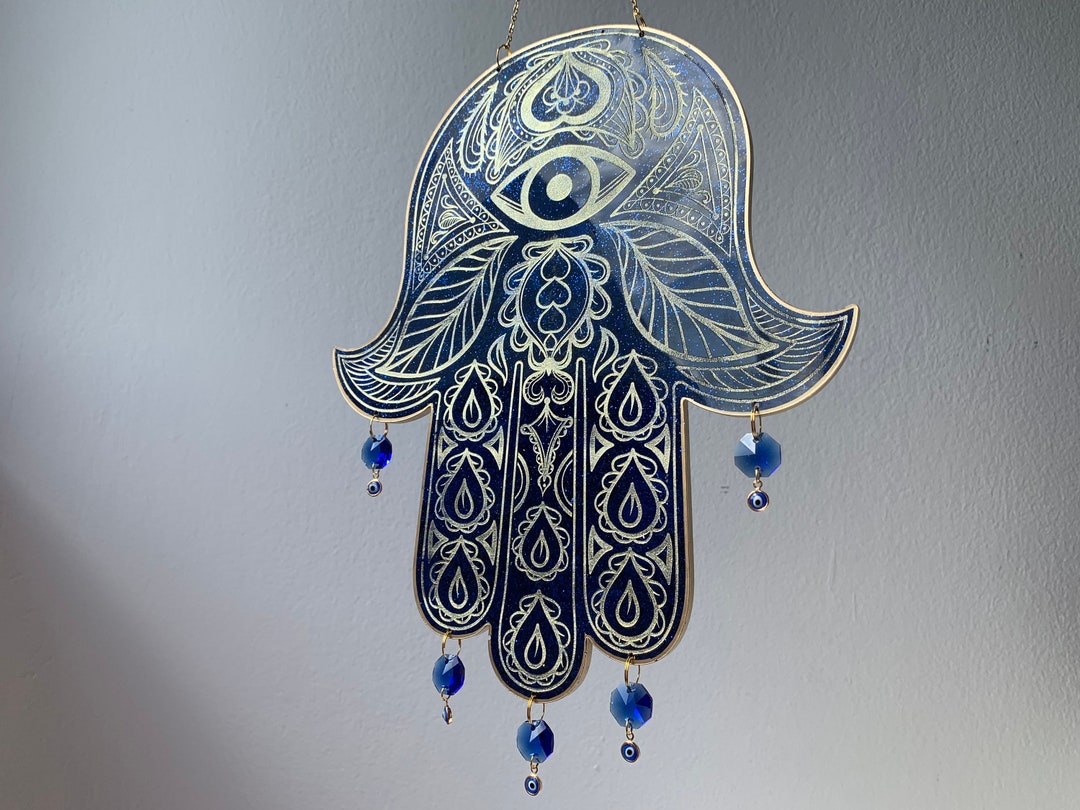 Resin Hamsa With Wall Mount Fatima's Hand Blue Silver Shells With Glass ...