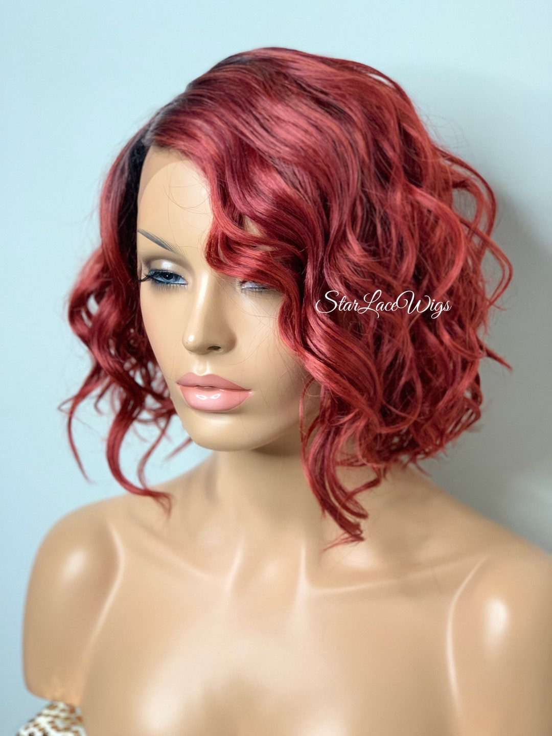 Human Hair Blend Red Bob Lace Front Wig Dark Roots Heat Resistant Side ...