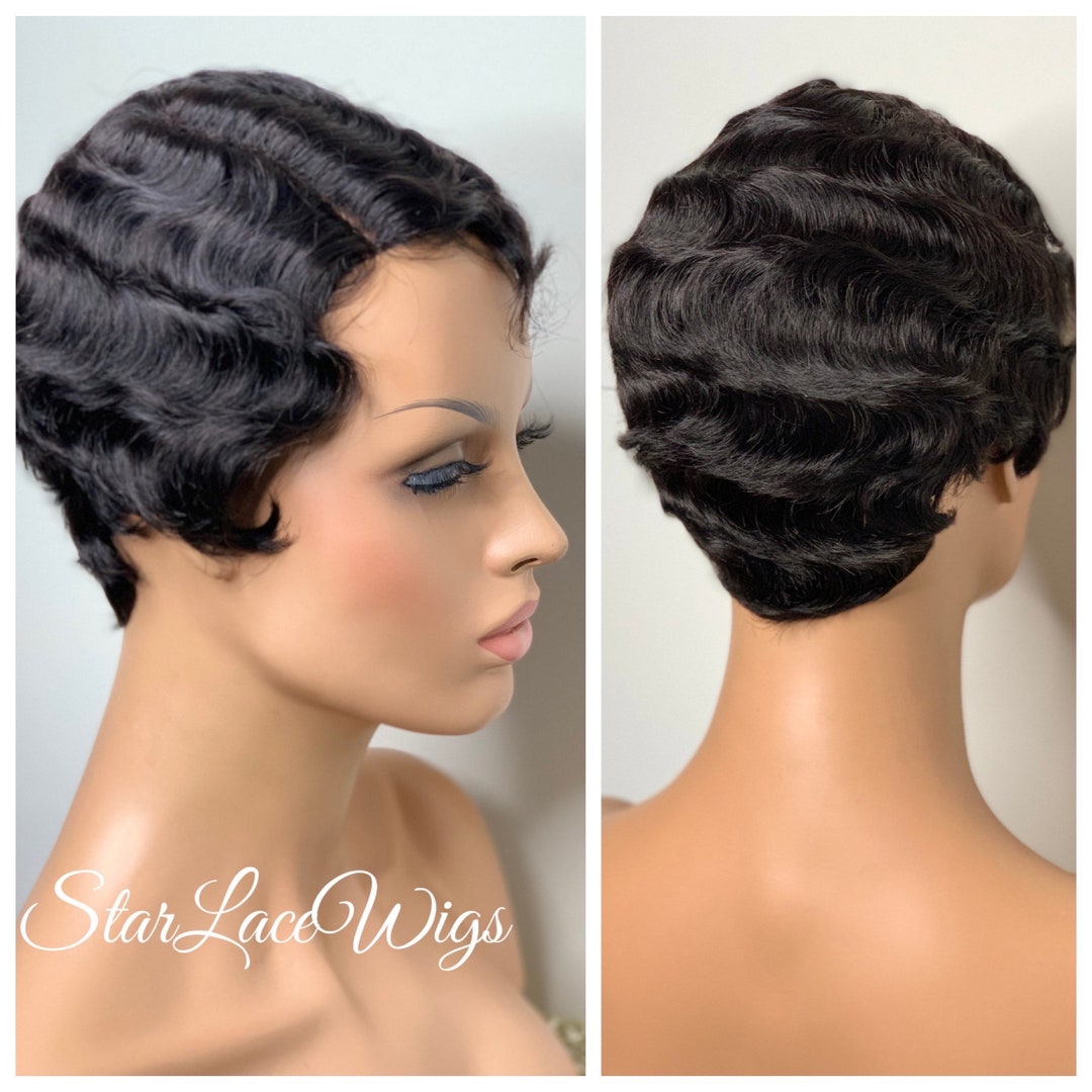 100% Human Hair Finger Wave Pixie Wig Flapper No Lace Front Short Hair ...