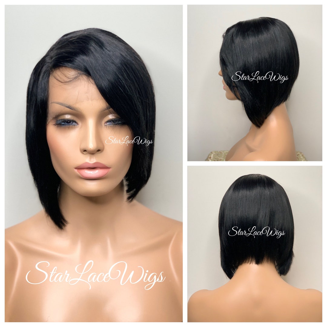 Straight Human Hair Bob Wig With Bangs Lace Front Side Part - Etsy