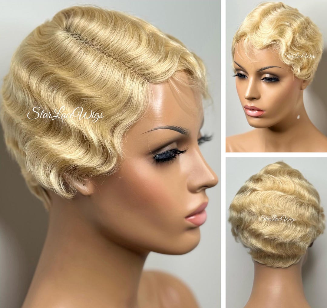 100% Human Hair Finger Wave Blonde Pixie Wig Flapper No Lace Front ...