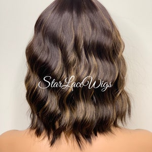 Brown Wavy Bob Wig With Bangs Highlights Chocolate Brown Wavy Wig - Etsy