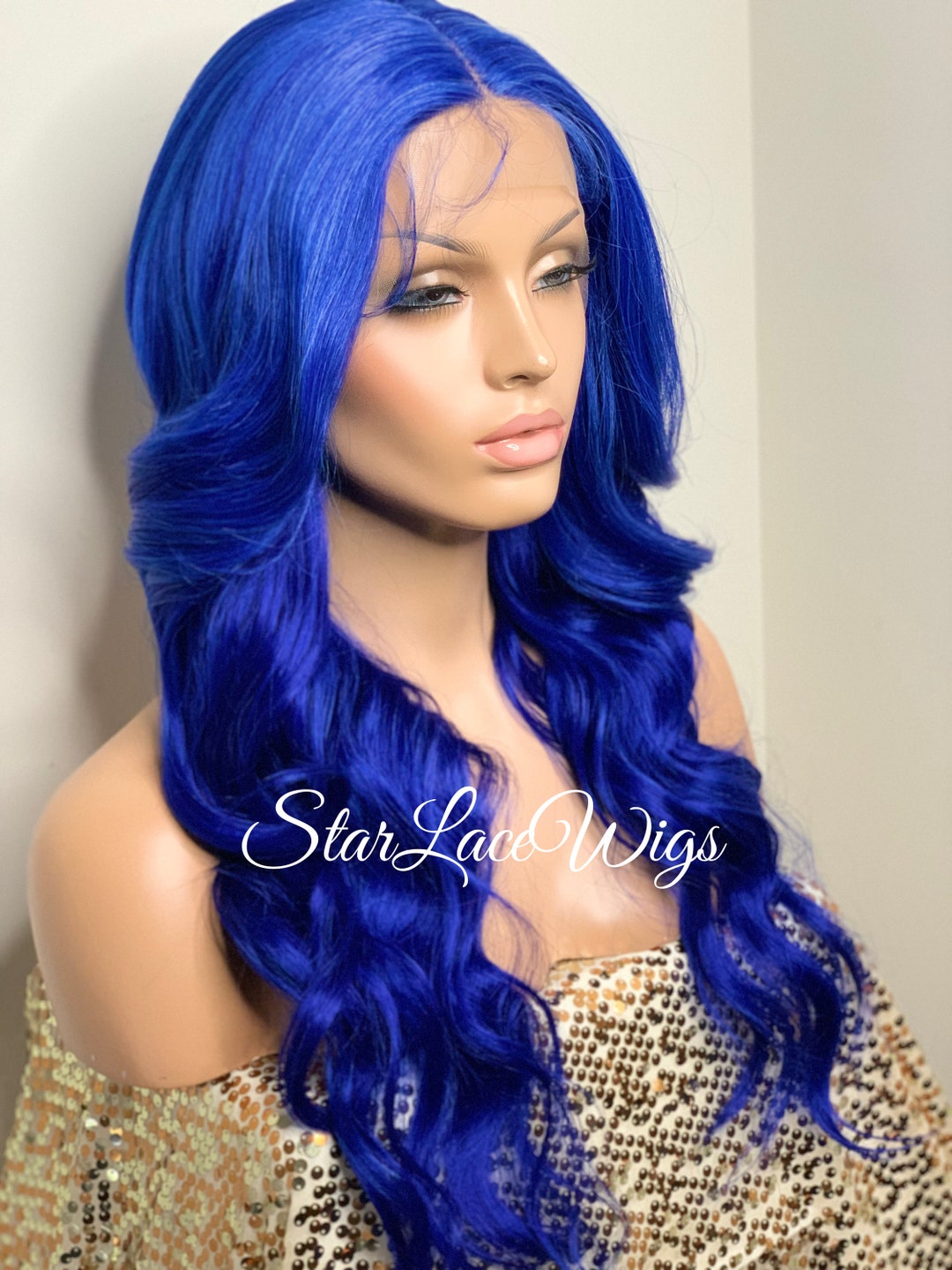 Long Blue Wig Synthetic Center Part Party Fashion Blue Lace Wig Cosplay ...