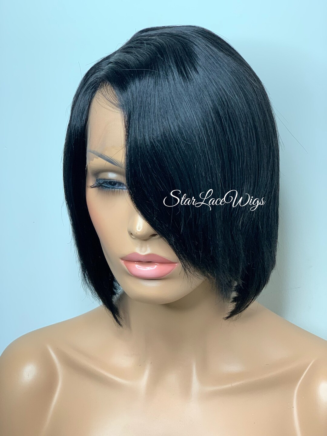 Human Hair Bob Wig With Bangs Lace Front Side Part Silky Straight 130 ...