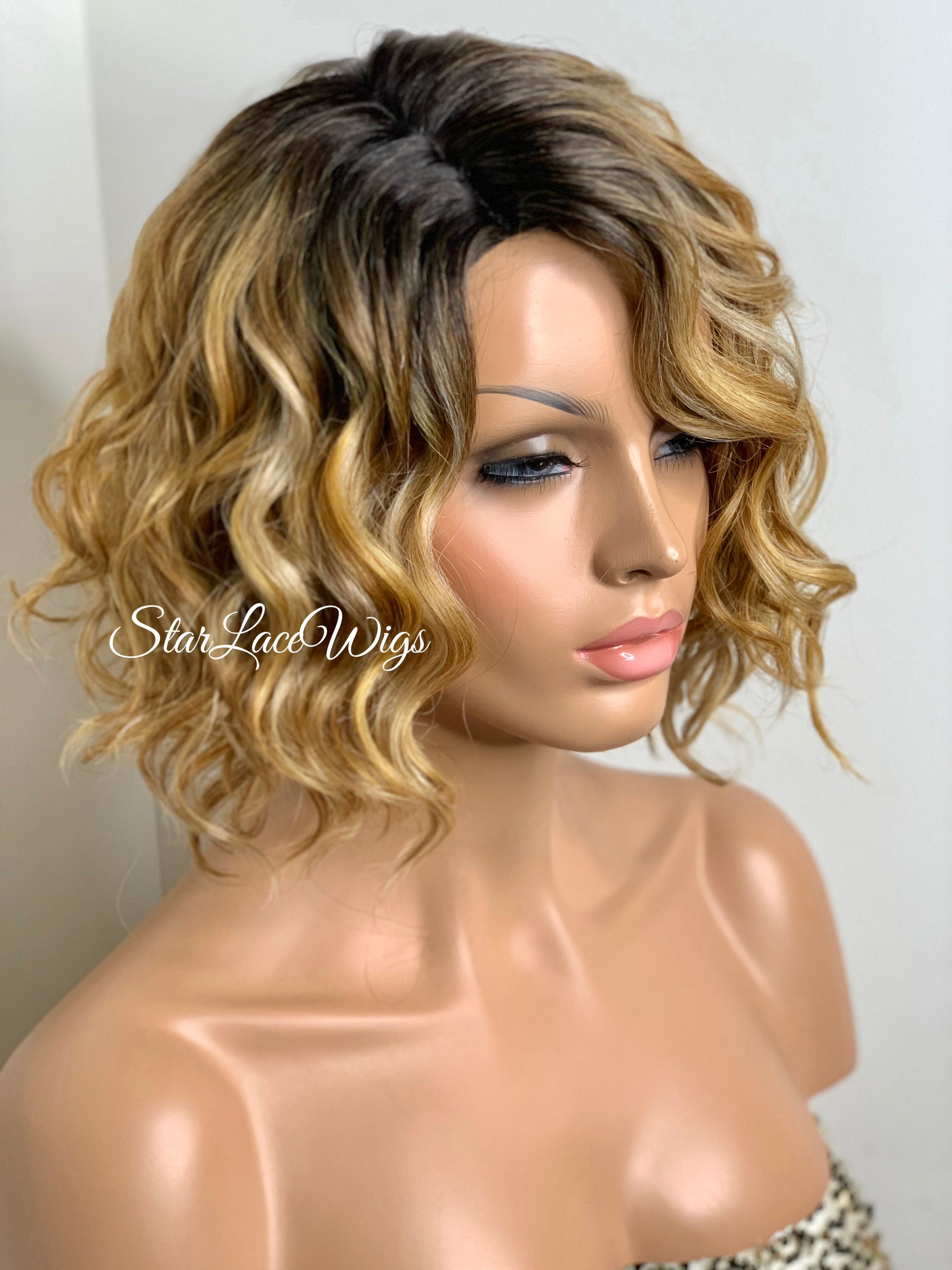 Human Hair Blend Blonde Hair Wig Highlights Wavy Curly Bob Wig Dark Roots Honey Blonde Side Part Heat Resistant Wigs for Women Etsy UK