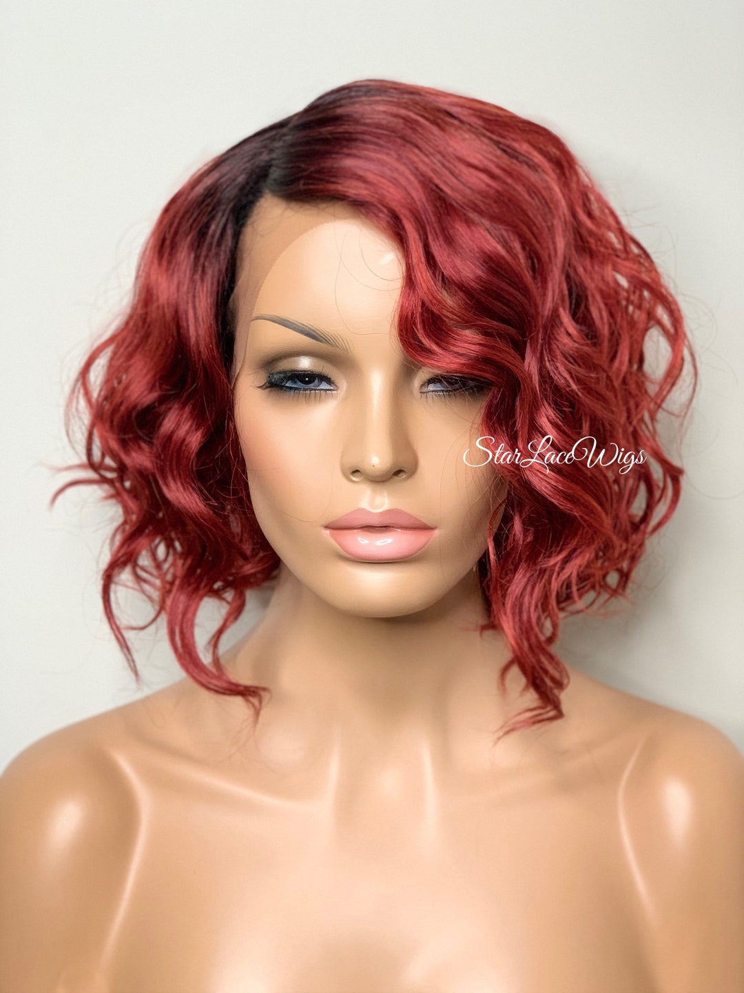 Short Red Wavy Bob Wig Human Hair Blend Lace Front Wig Red Bob Wig - Etsy
