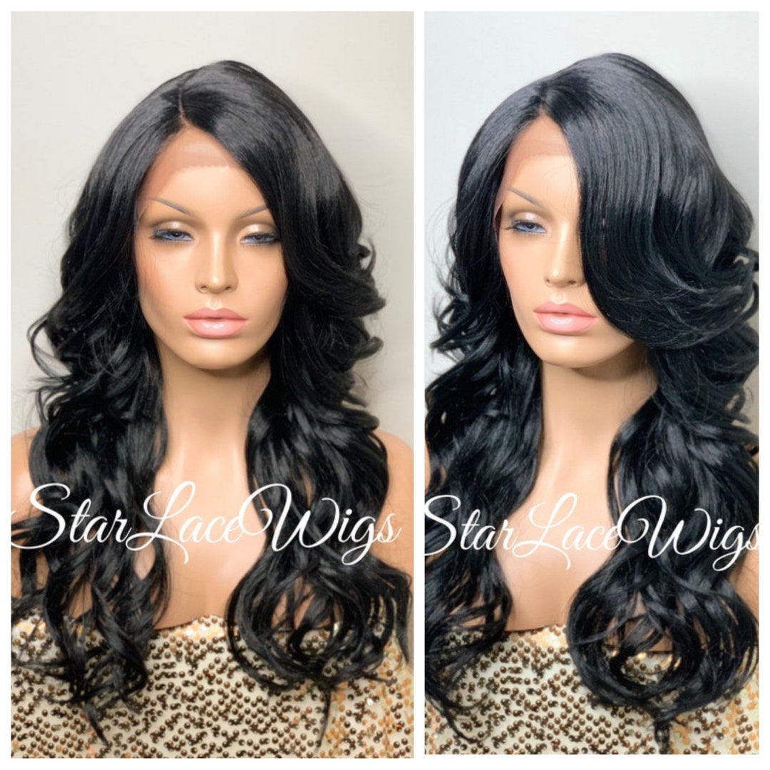 Long Wavy Black Wig With Bangs Lace Front Wig Side Part Synthetic ...