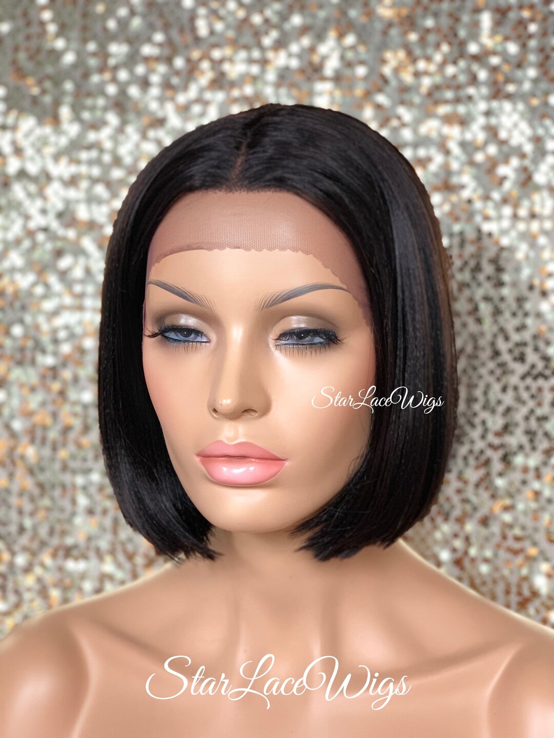 Short Black Bob Wig Straight Center Part Synthetic Everyday Wear Bob ...