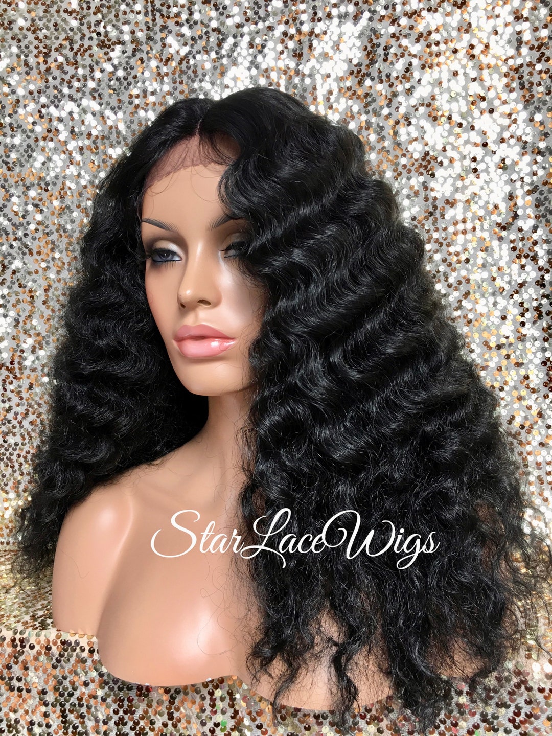 Black Wavy Lace Front Wig Long Synthetic Wavy Center Part Wavy Heat ...