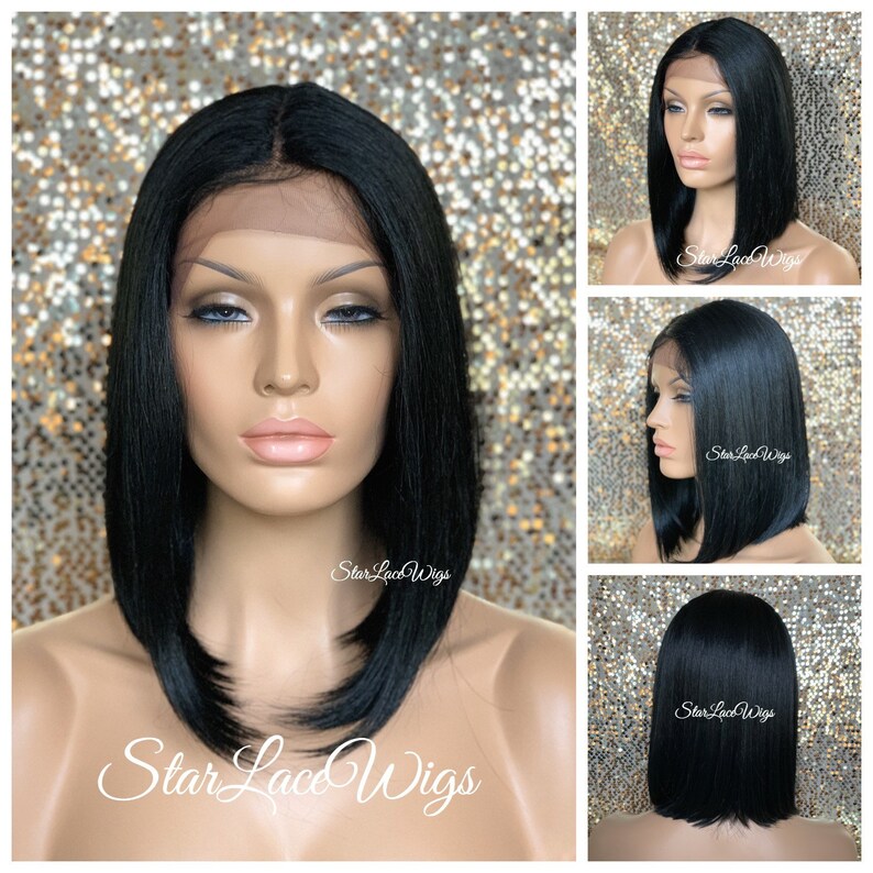 Black Lace Front Wig Long Bob Synthetic Middle Part Angled - Etsy