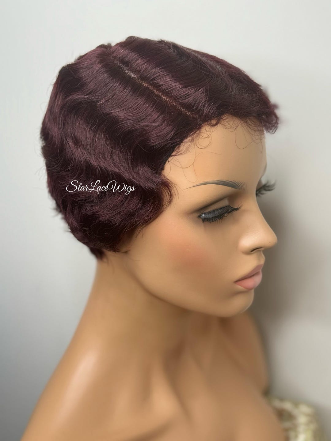 100% Human Hair Red Finger Wave Pixie Wig Flapper Burgundy No Lace ...