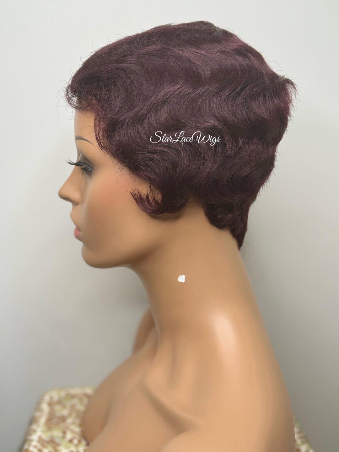 100% Human Hair Finger Wave Pixie Wig Flapper Burgundy Red No Lace ...
