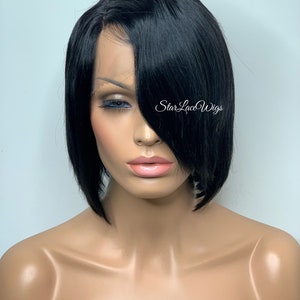 Straight Human Hair Bob Wig With Bangs Lace Front Side Part Silky ...
