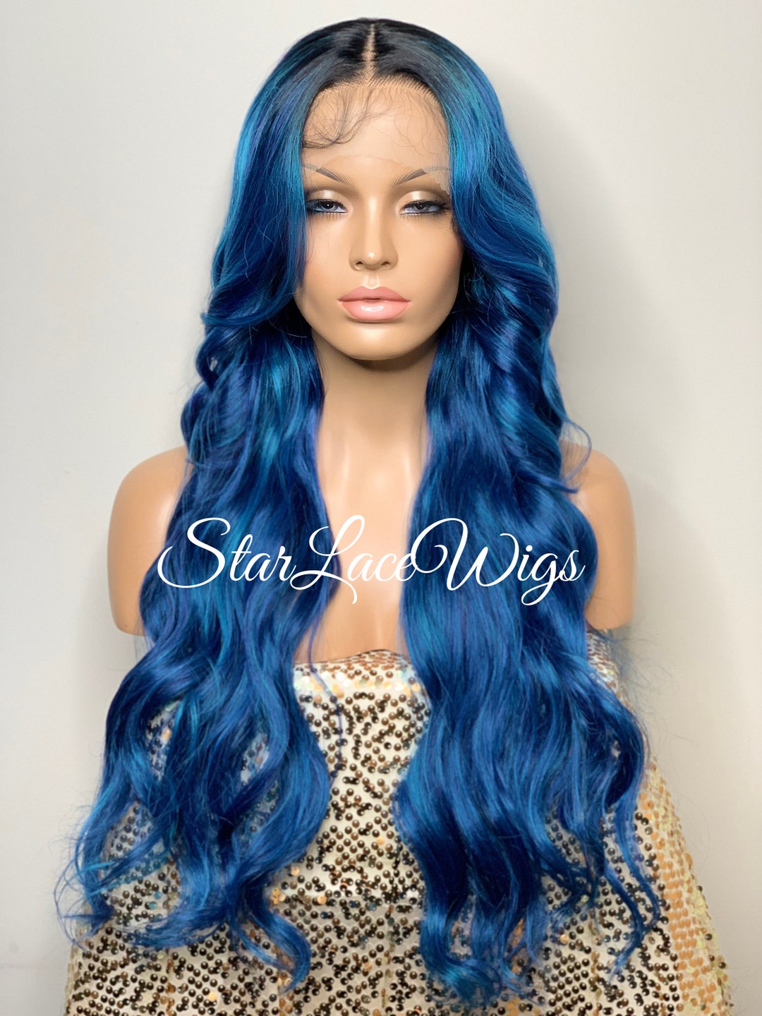 Long Blue Wig Human Hair Blend Lace Front Wig Wavy Heat Resistant Wigs ...