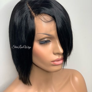 Straight Human Hair Bob Wig With Bangs Lace Front Side Part Silky ...