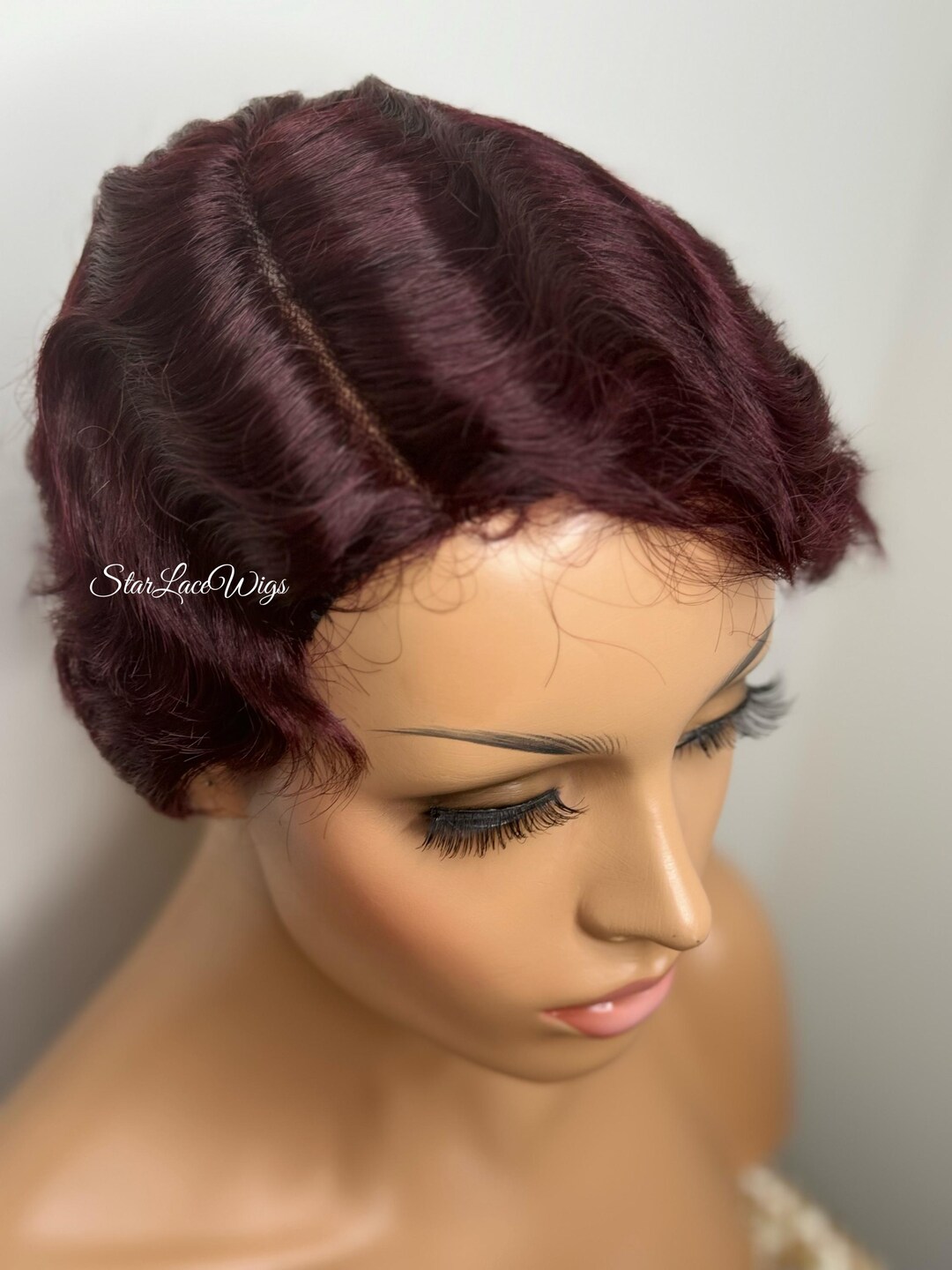 100% Human Hair Finger Wave Pixie Wig Flapper Burgundy Red No Lace ...