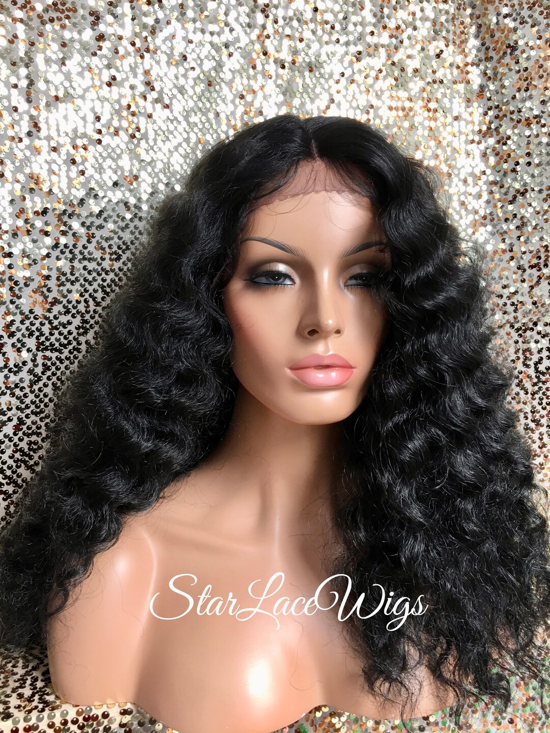 Wavy Black Wig Lace Front Long Synthetic Wavy Middle Part Deep Wave ...