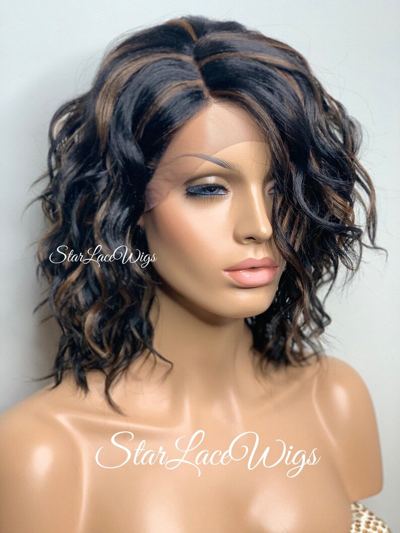 Wavy Short Bob Wig With Bangs Highlights Side Part Synthetic - Etsy
