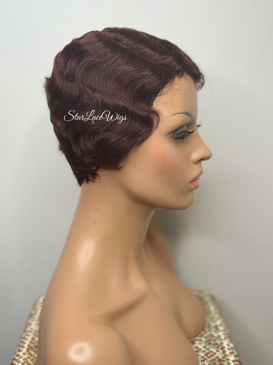 100% Human Hair Red Finger Wave Pixie Wig Flapper Burgundy No Lace ...