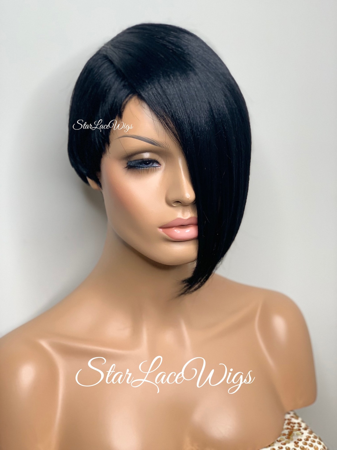 Short Pixie Cut Wig With Bangs Layered Black Straight Asymmetrical ...