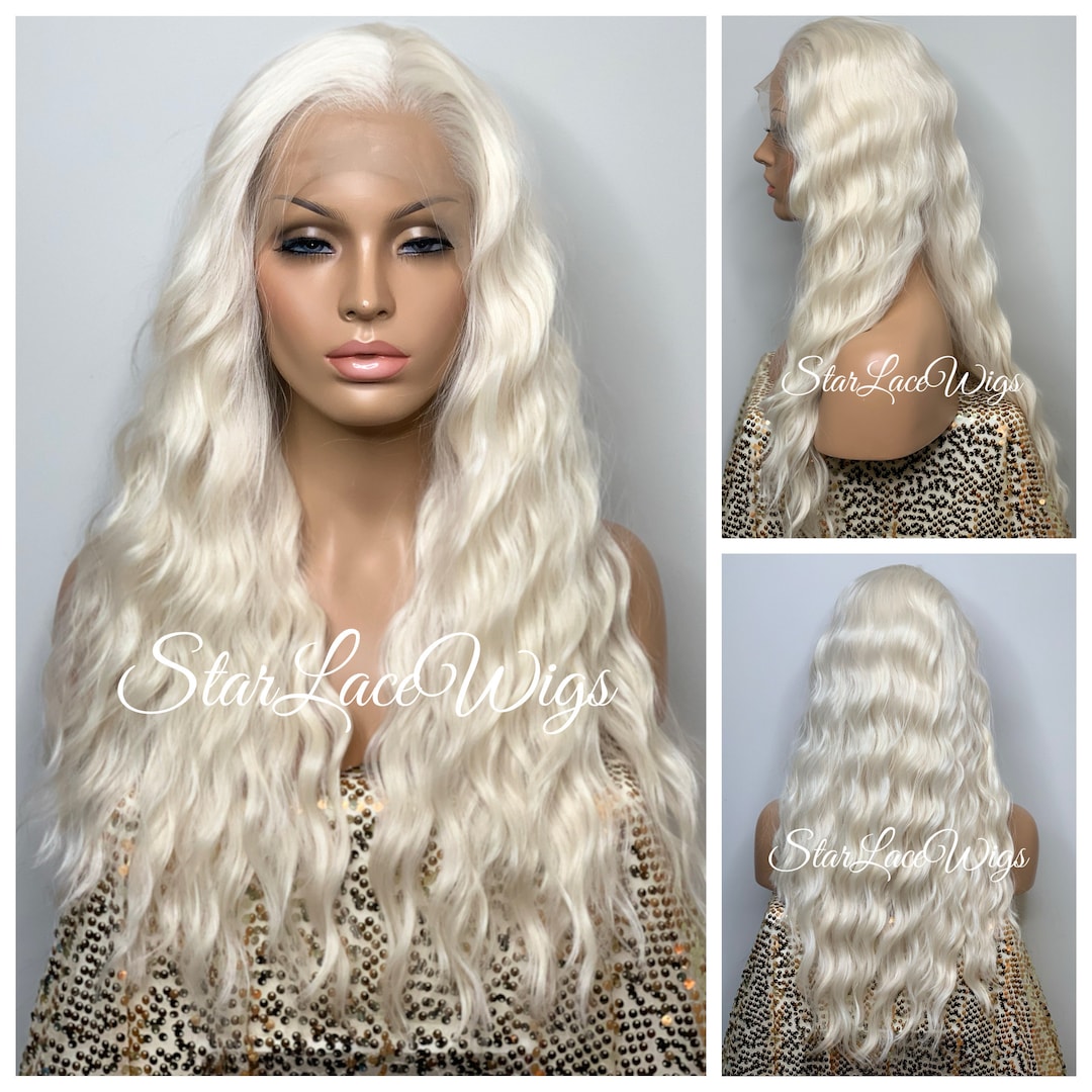 White Wig Wavy Silver Synthetic Lace Front Wig 26 Inch 13x4 Free Part ...