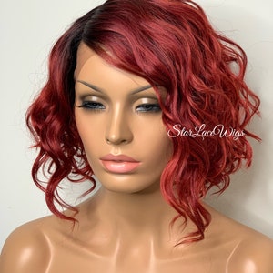 Short Red Wavy Bob Wig Human Hair Blend Lace Front Wig Red Bob Wig - Etsy