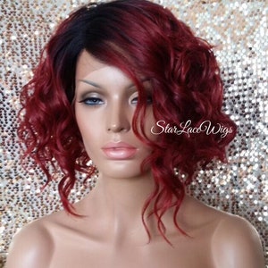Red Human Hair Blend Bob Lace Front Wig Wavy Dark Roots Short Wig Side ...