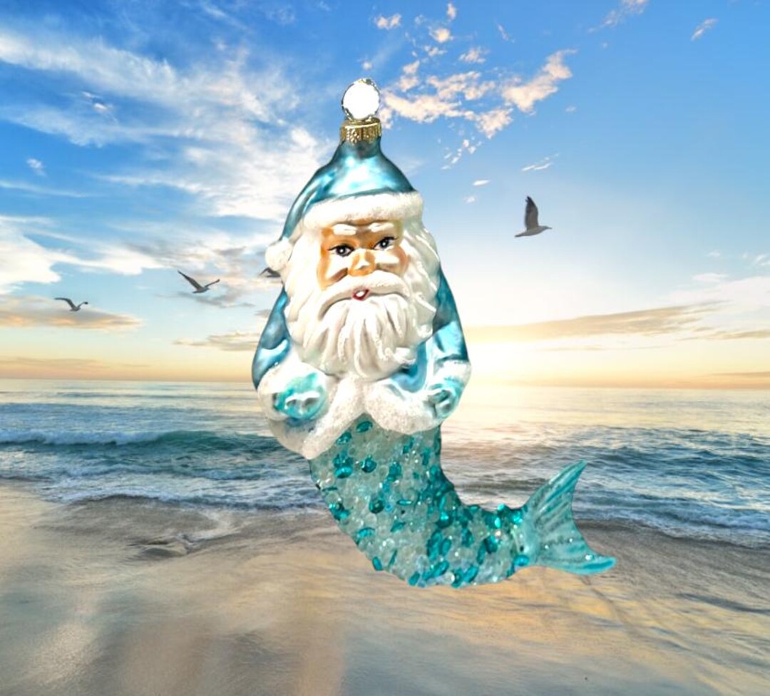 Santa Merman / Mermaid Glass Ornament - Nautical Fish Ocean Beach ...