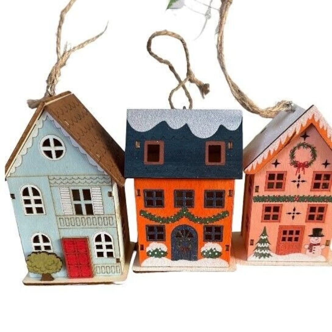 3 Wood House Ornament • Fireplace Mantel Train Reef France Chateau ...