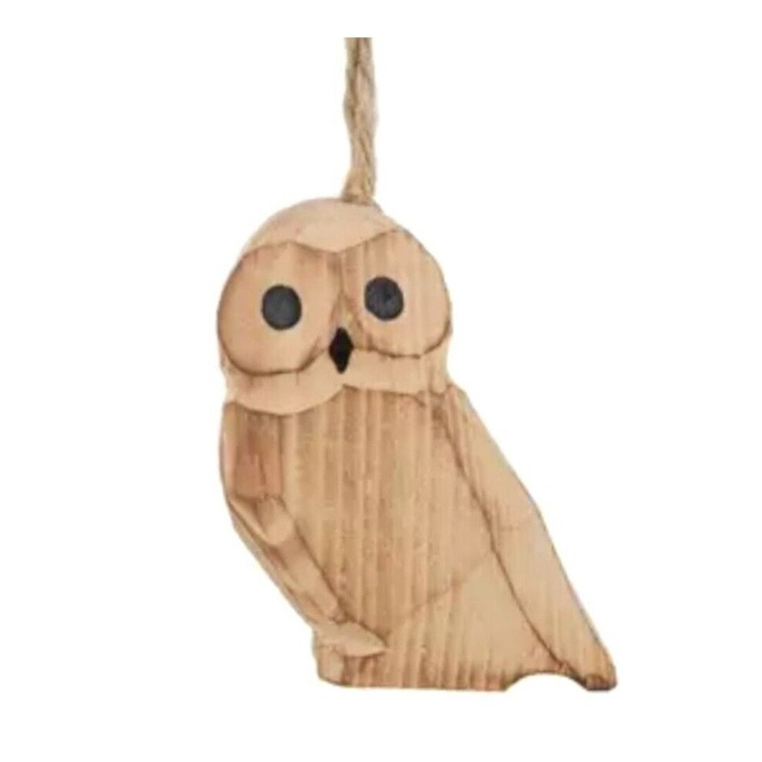 Wood Owl Ornament - Carved Table Top Decoration Winter Bird Rustic ...