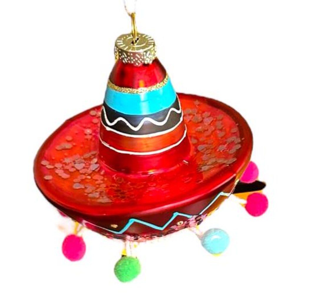 Pink Red Sombrero Hat Glass Ornament - Handmade USA, Mexican Party ...
