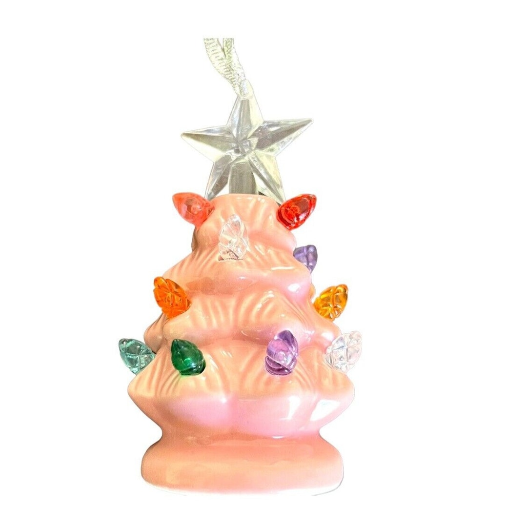 Retro Pink Christmas Tree Porcelain Ornament - Light-up Lights up ...