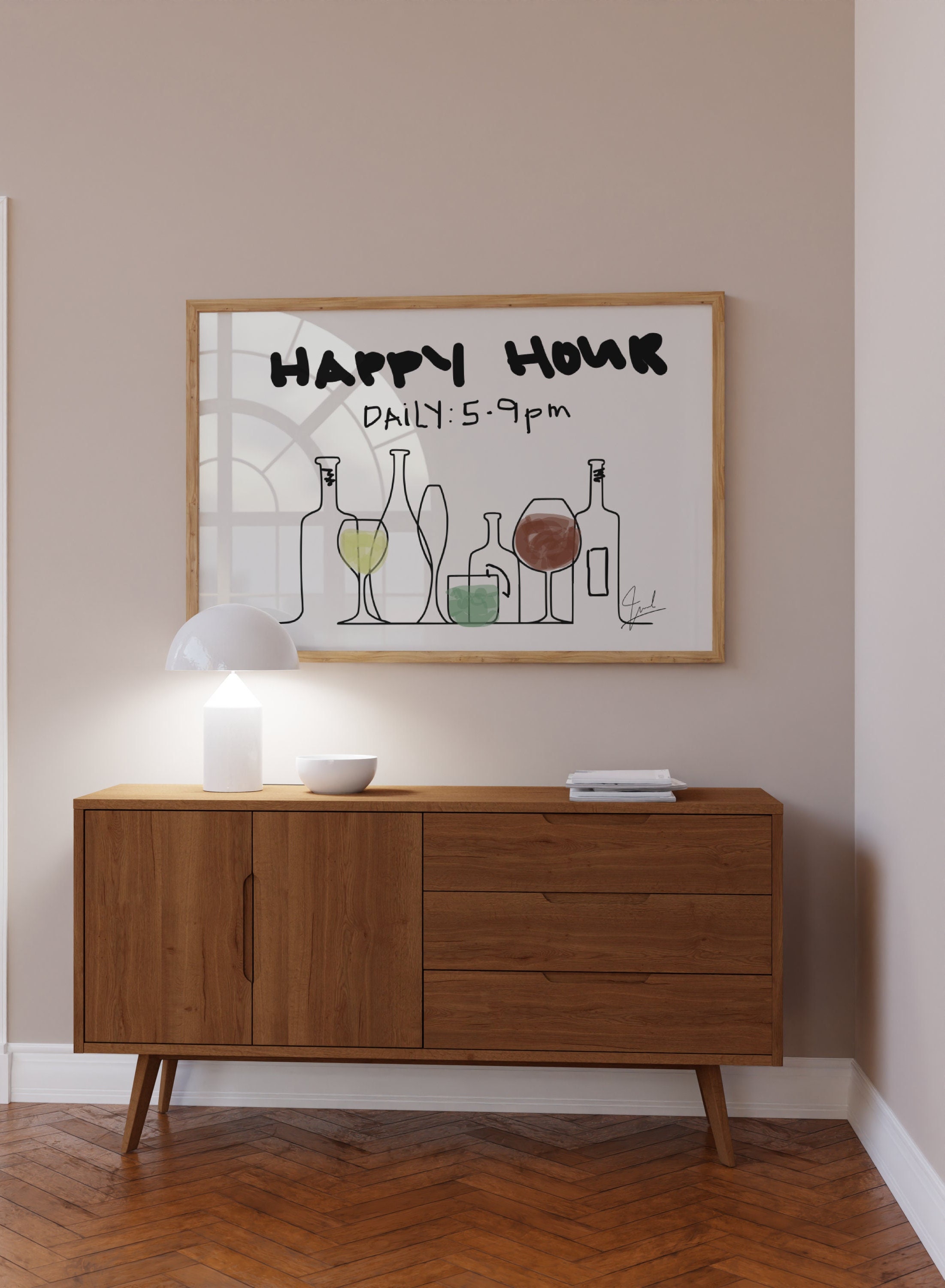 Happy Hour Print | Handmade Happy Hour Poster | Wine Print | Vintage ...
