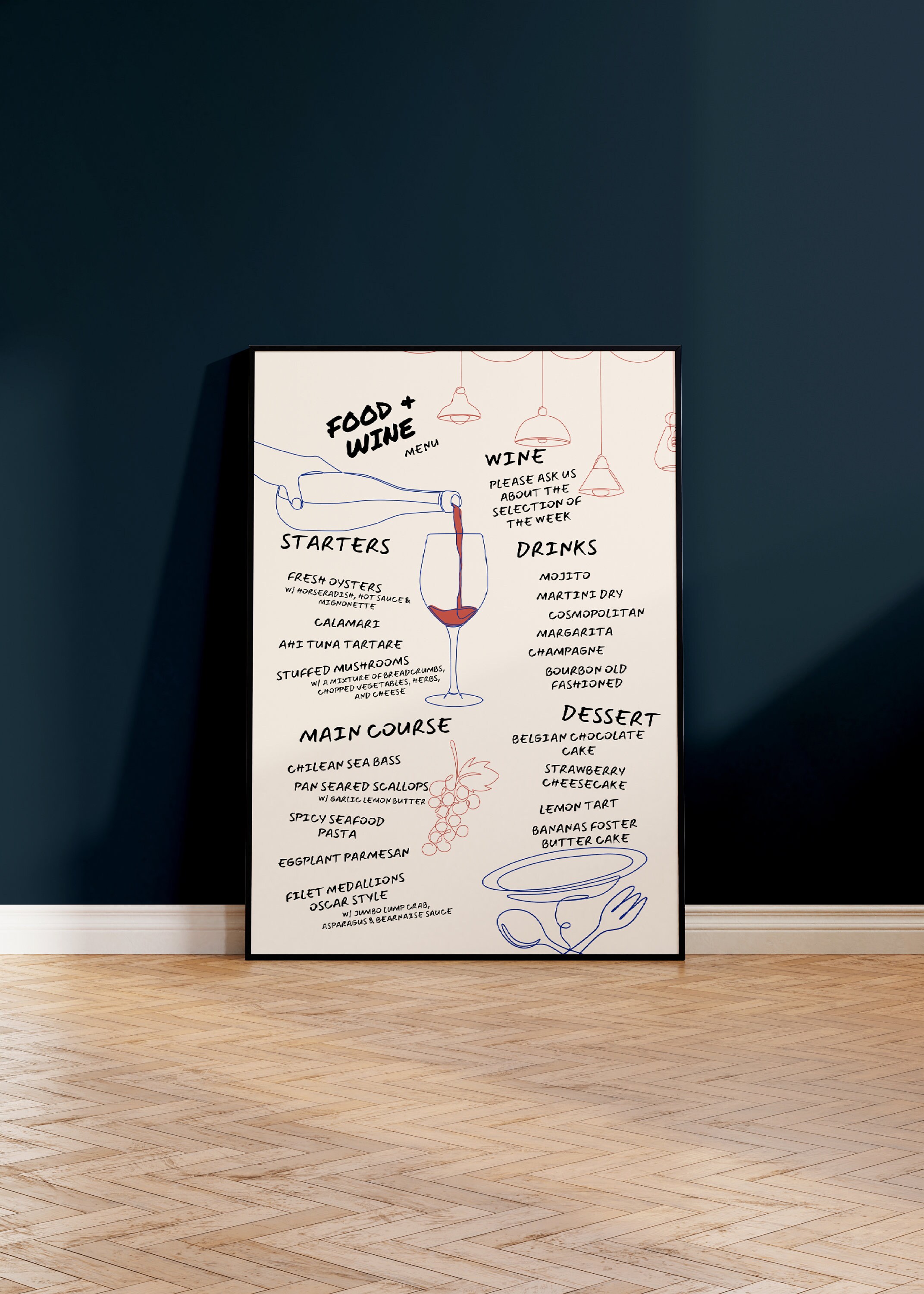Food and Wine Menu Wall Art | Food Poster | Wine Poster | Kitchen Wall ...
