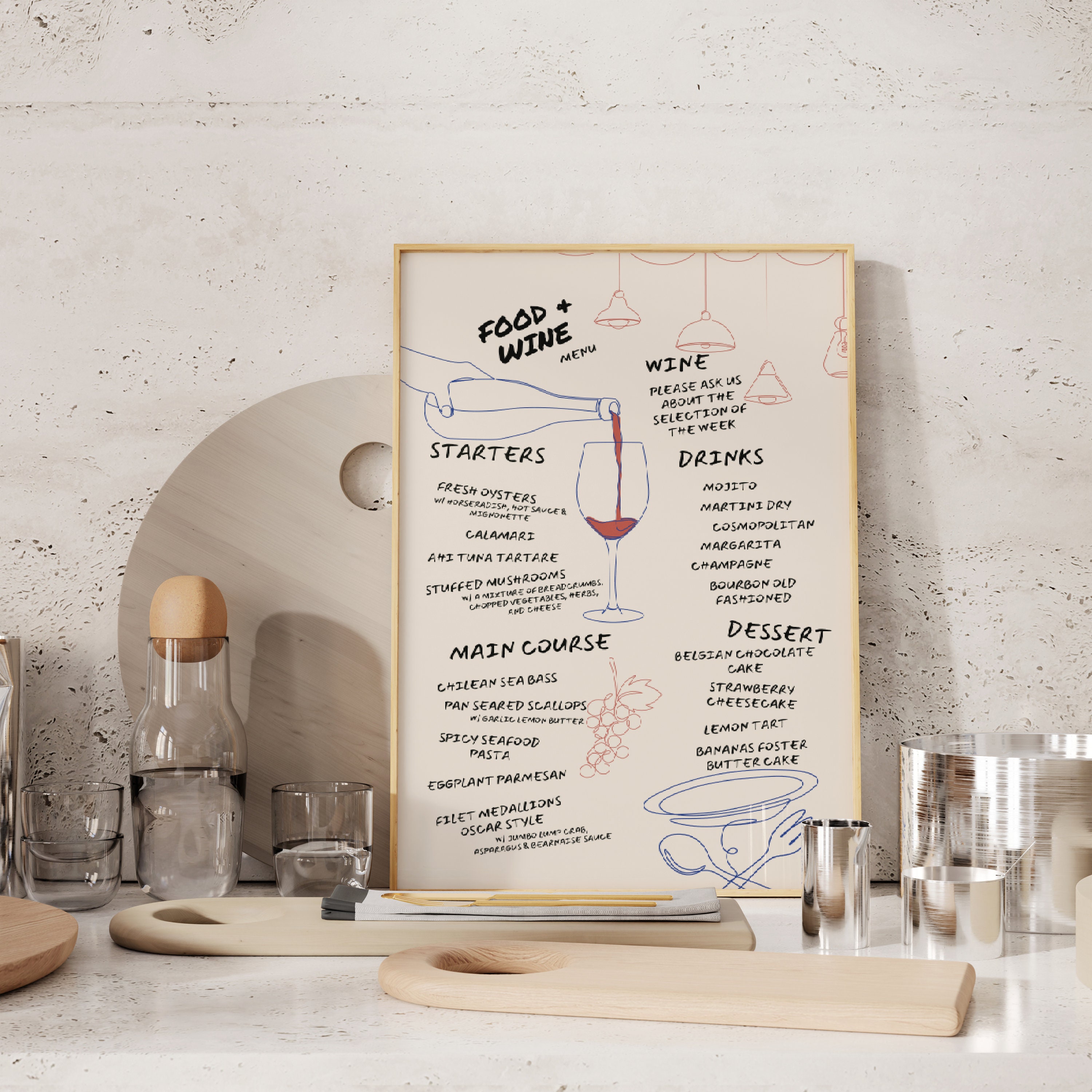 Food and Wine Menu Wall Art Food Poster Wine Poster Kitchen Wall Art ...