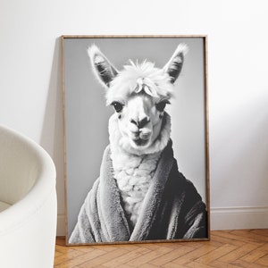 Alpaca in A Bathrobe Print | Bath Animal Art | Alpaca Art | Black and ...