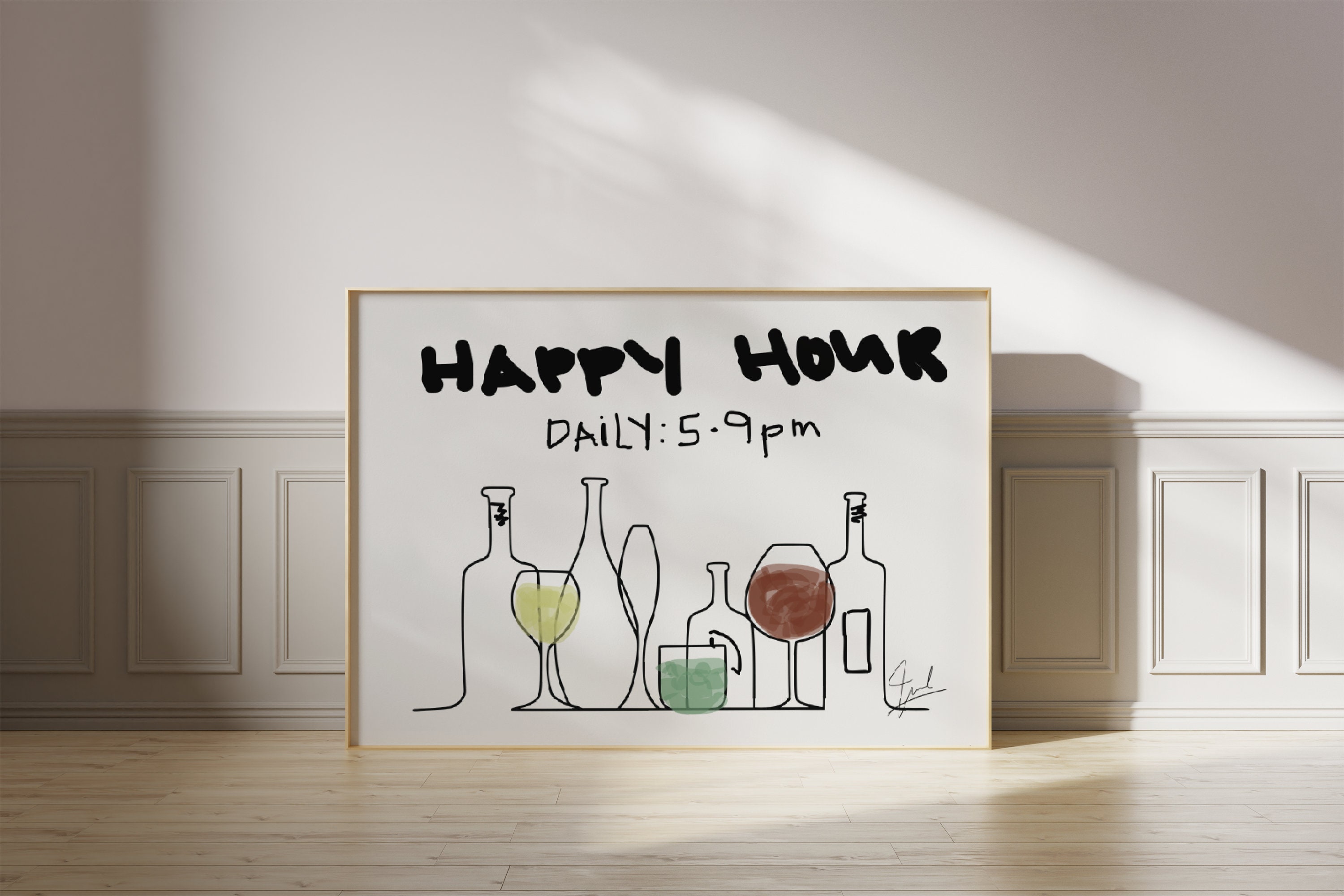 Happy Hour Print | Handmade Happy Hour Poster | Wine Print | Vintage ...