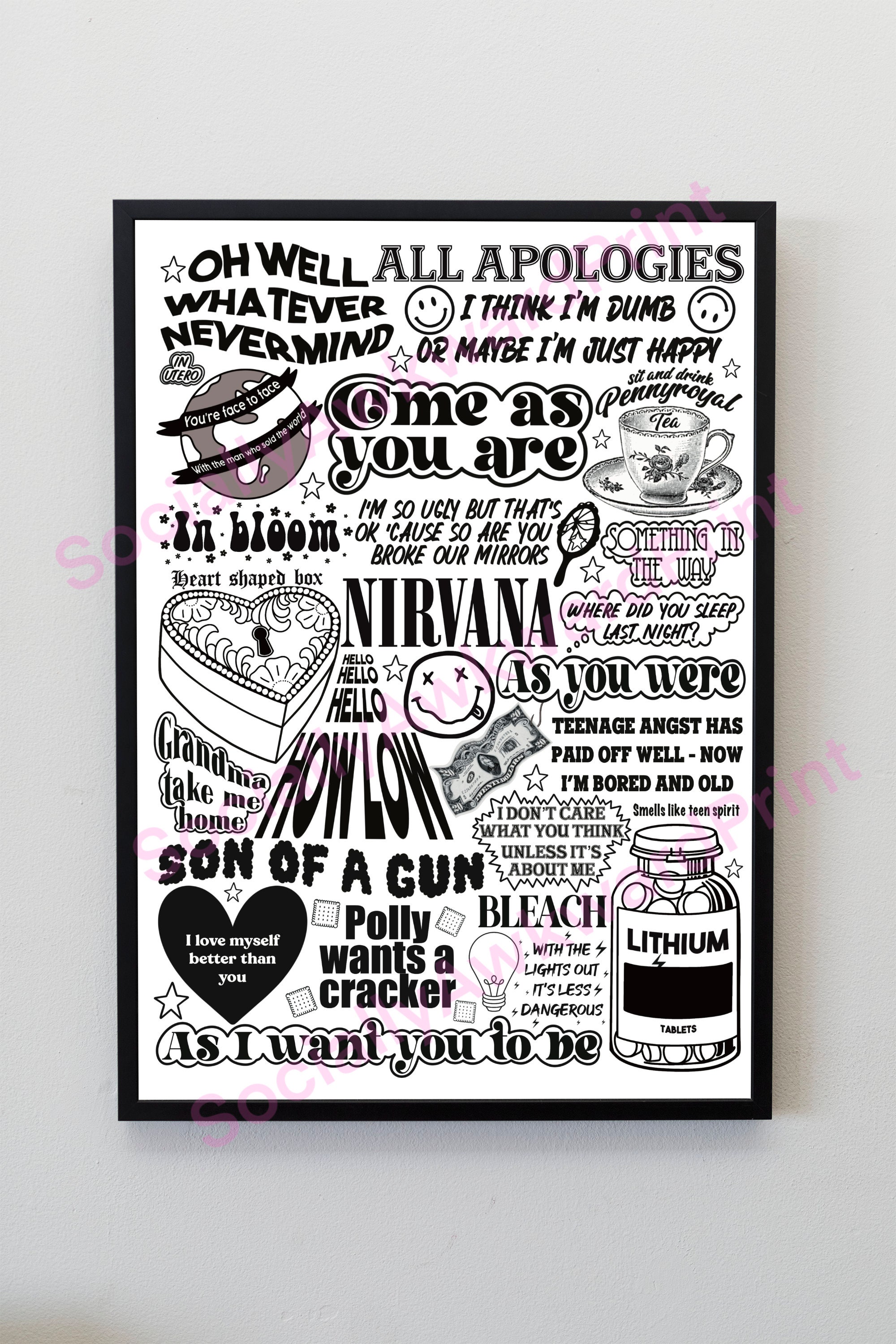 Nirvana inspired lyrics print, Nirvana illustration poster, kurt Cobain ...