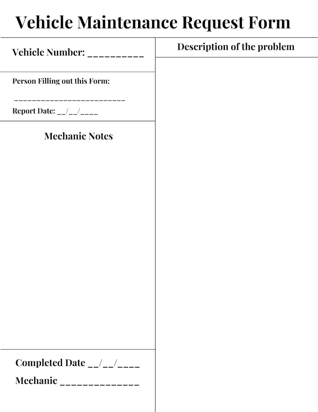Vehicle Maintenance Request Form - Etsy